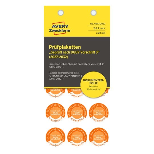 Prüfplaketten "DGUV Vorschrift 3", abziehsicher | 6977-2027 | Avery Zweckform